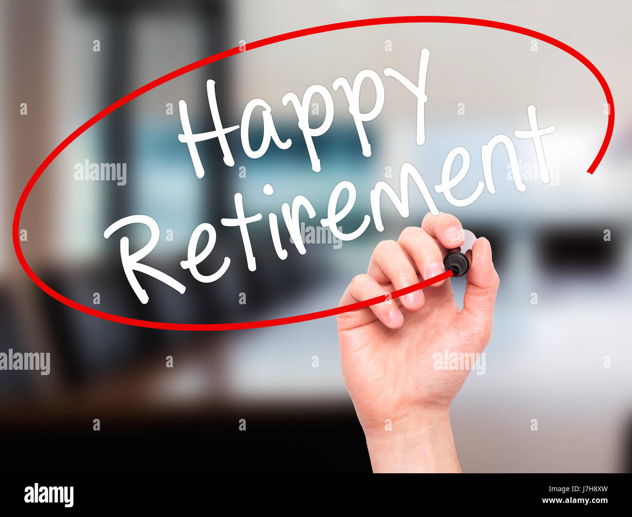 Man Hand writing Happy Retirement with black marker on visual screen ...