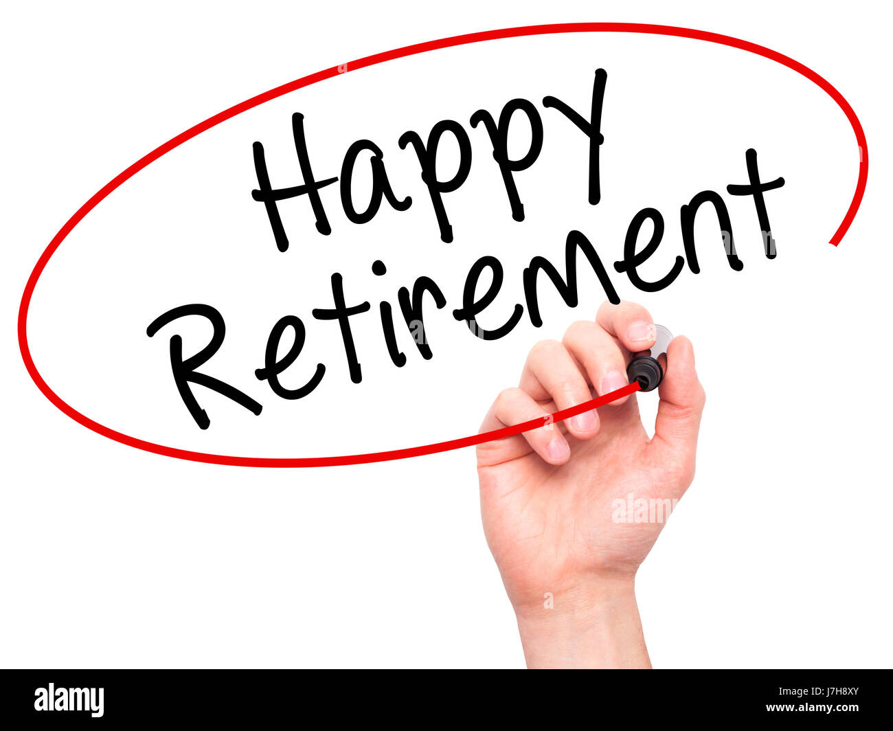 Man Hand writing Happy Retirement with black marker on visual screen ...
