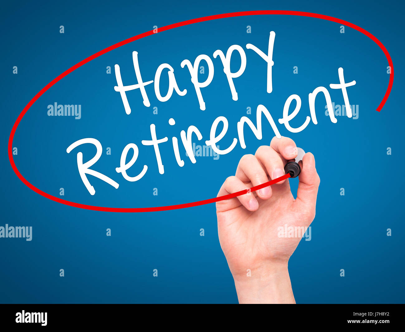 Man Hand writing Happy Retirement with black marker on visual screen ...