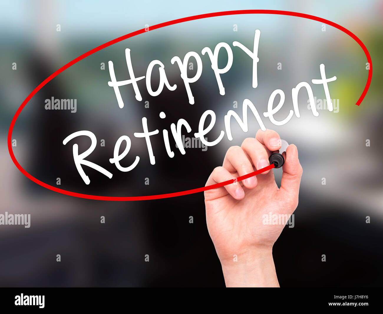 Man Hand writing Happy Retirement with black marker on visual screen ...