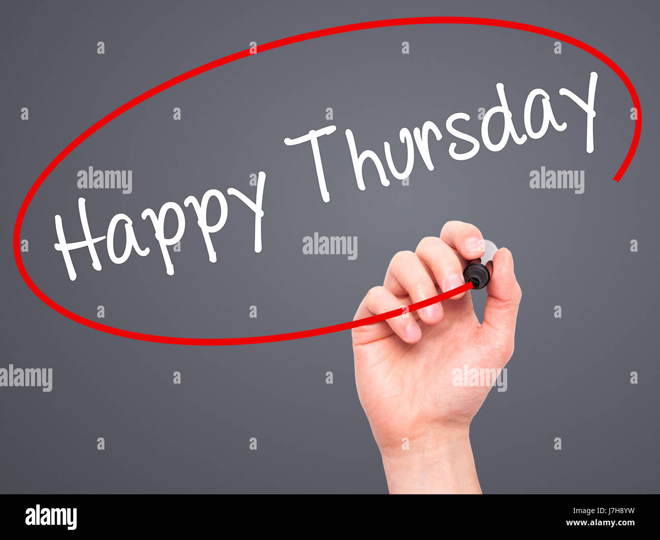 Man Hand writing Happy Thursday with black marker on visual screen ...