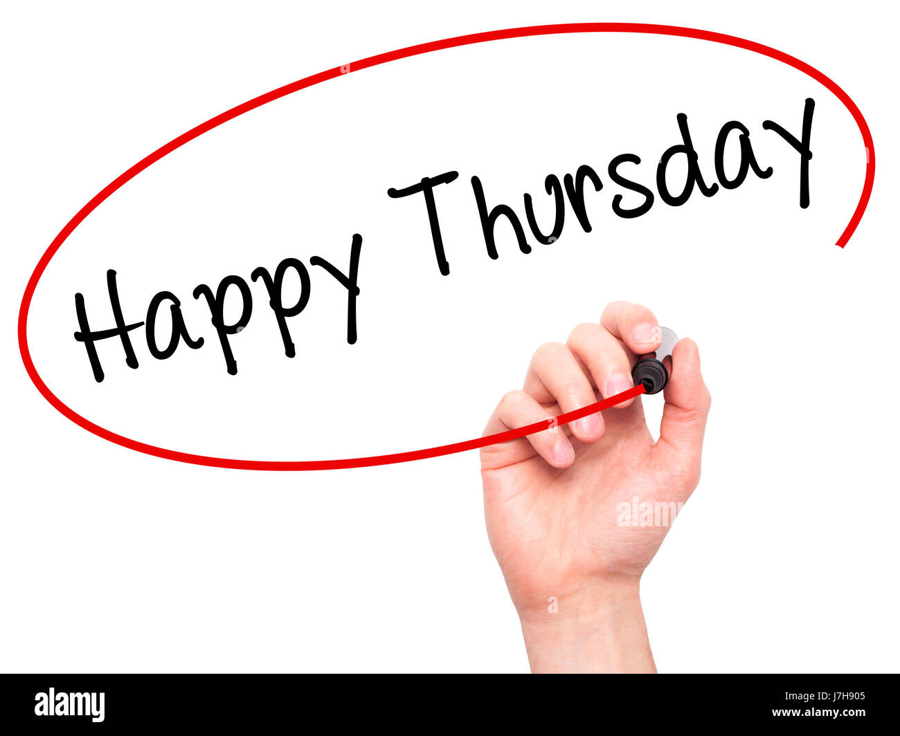 Man Hand writing Happy Thursday with black marker on visual screen ...