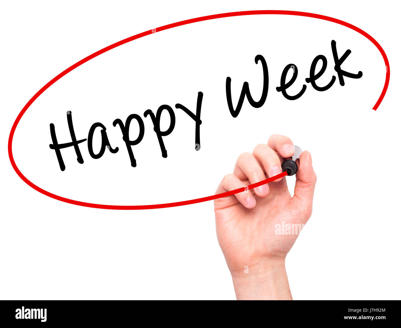 Man Hand writing Happy Week with black marker on visual screen ...