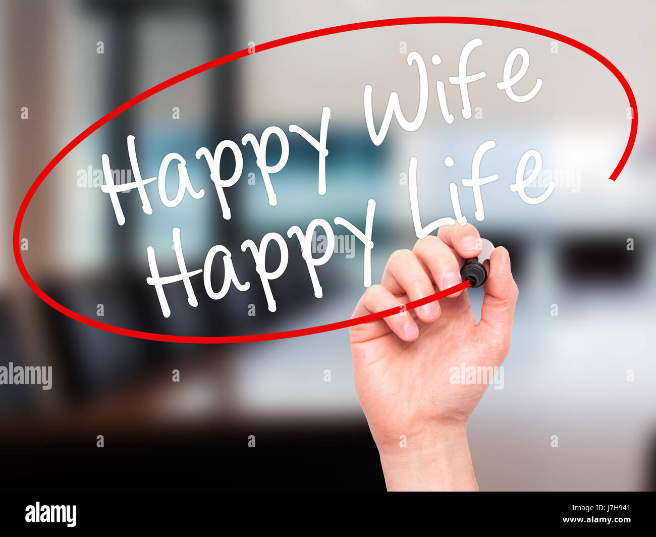 Man Hand writing Happy Wife Happy Life with black marker on visual ...