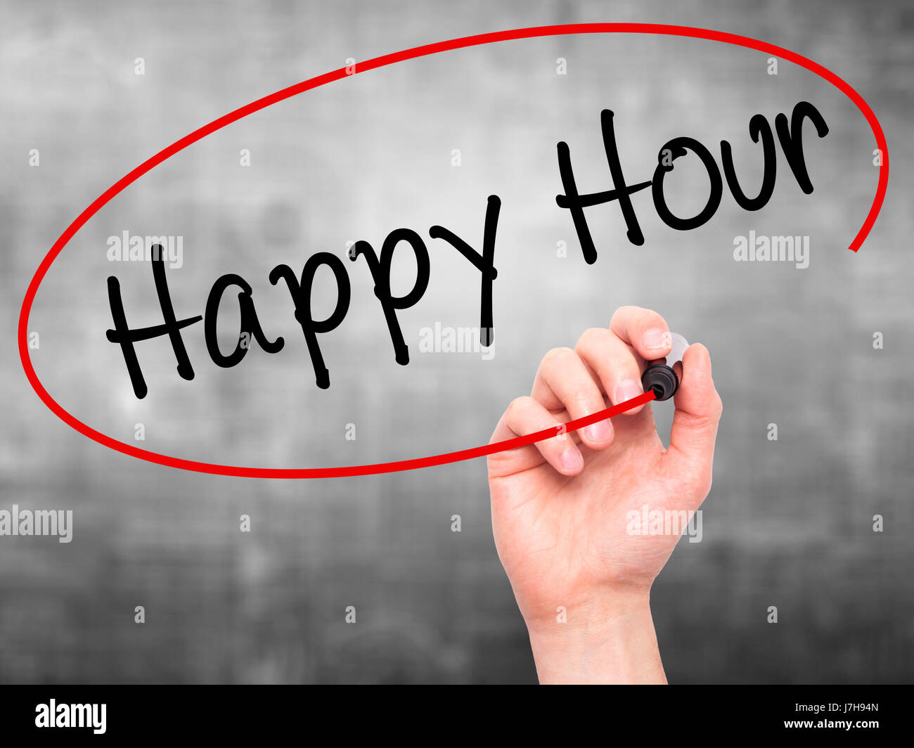Man Hand writing Happy Hour with black marker on visual screen ...