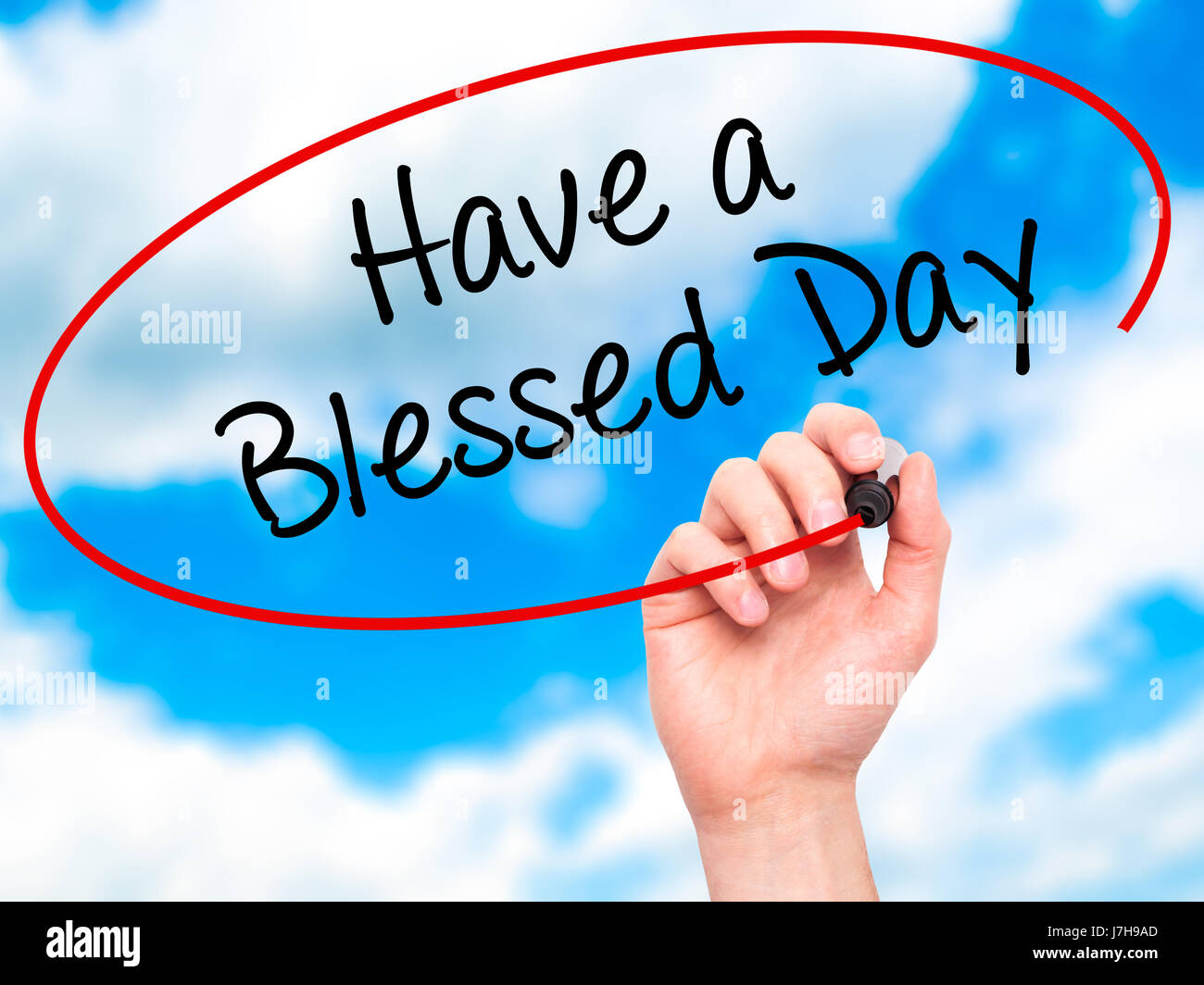 Man Hand writing Have a Blessed Day with black marker on visual screen ...