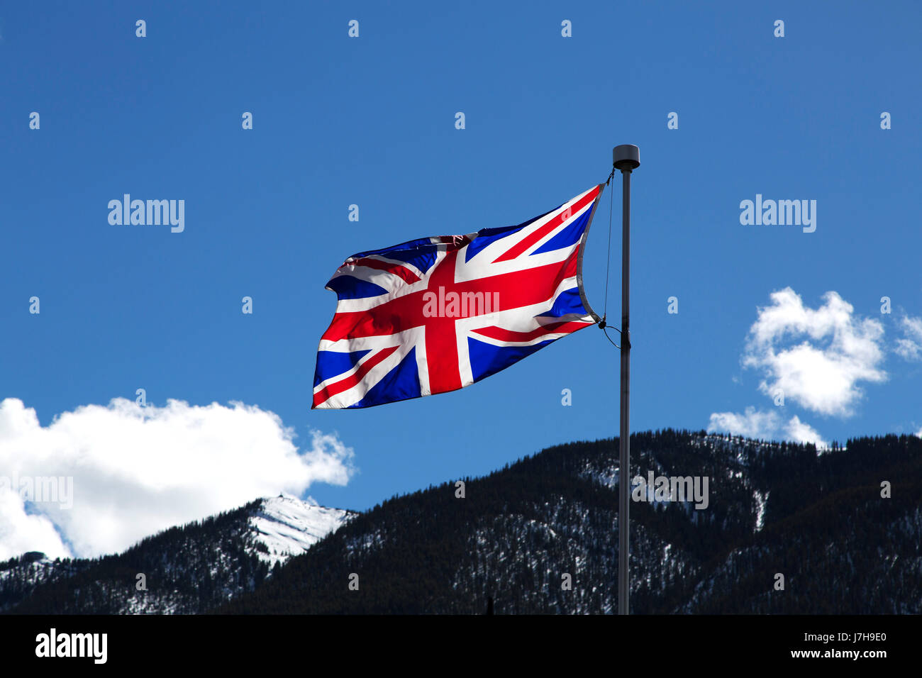 A Union flag flies in Banff, Alberta, Canada. It flies outside Banff ...