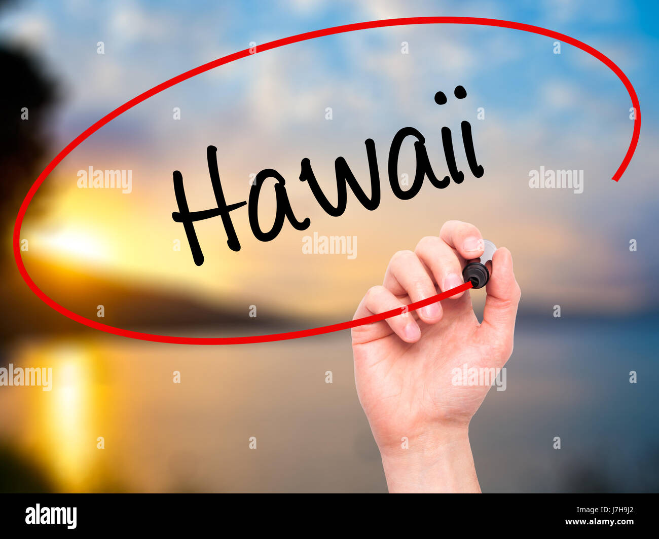Man Hand writing Hawaii with black marker on visual screen. Isolated on ...
