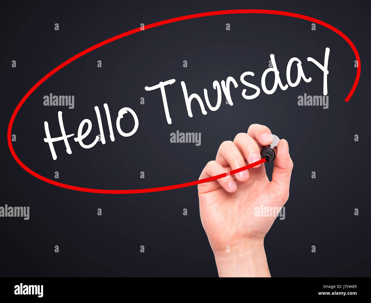 Man Hand writing Hello Thursday with black marker on visual screen ...