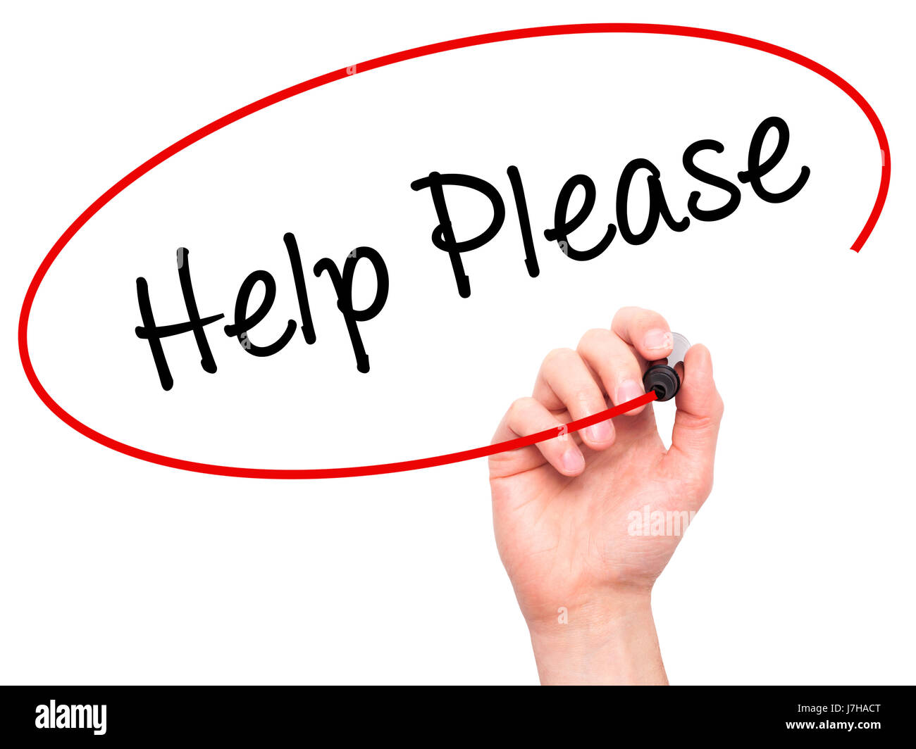 Man Hand writing Help Please with black marker on visual screen ...