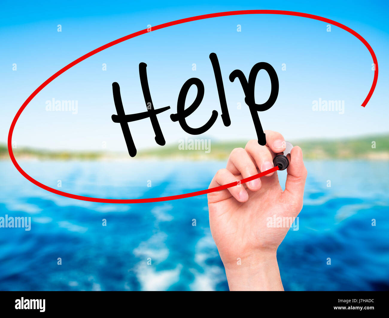 Man Hand writing Help with black marker on visual screen. Isolated on ...