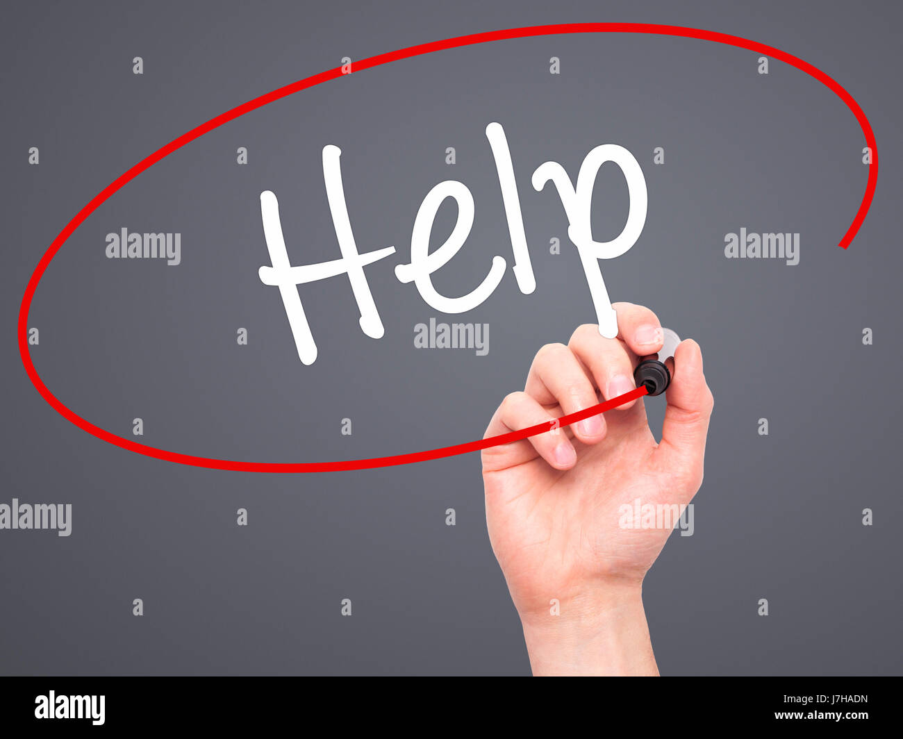 Man Hand writing Help with black marker on visual screen. Isolated on ...