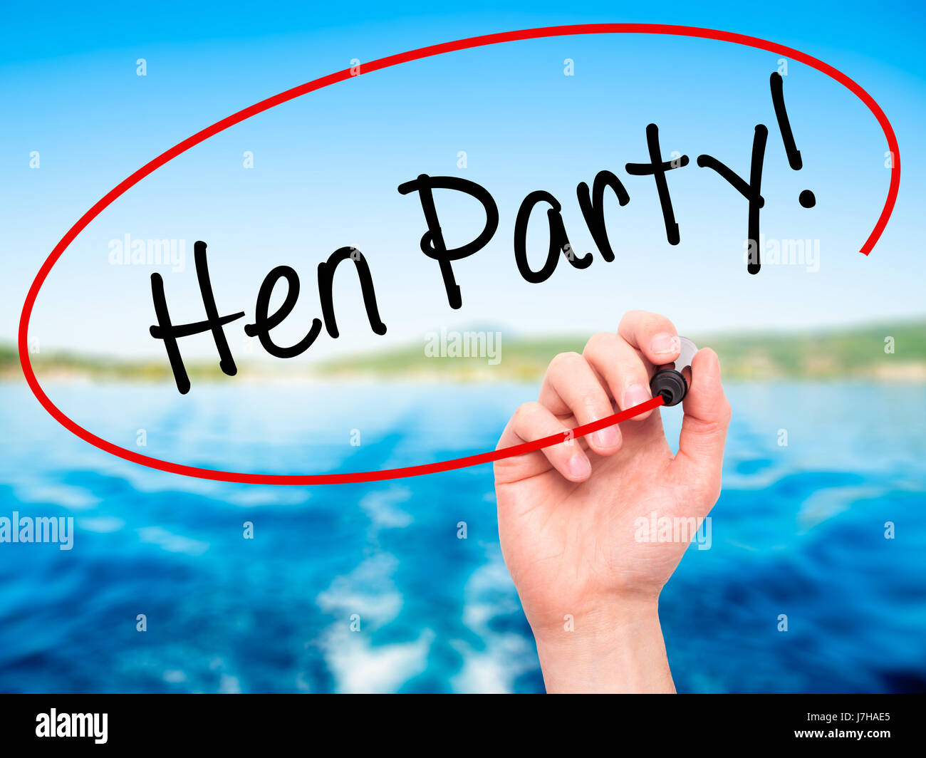 Man Hand writing Hen Party! with black marker on visual screen ...