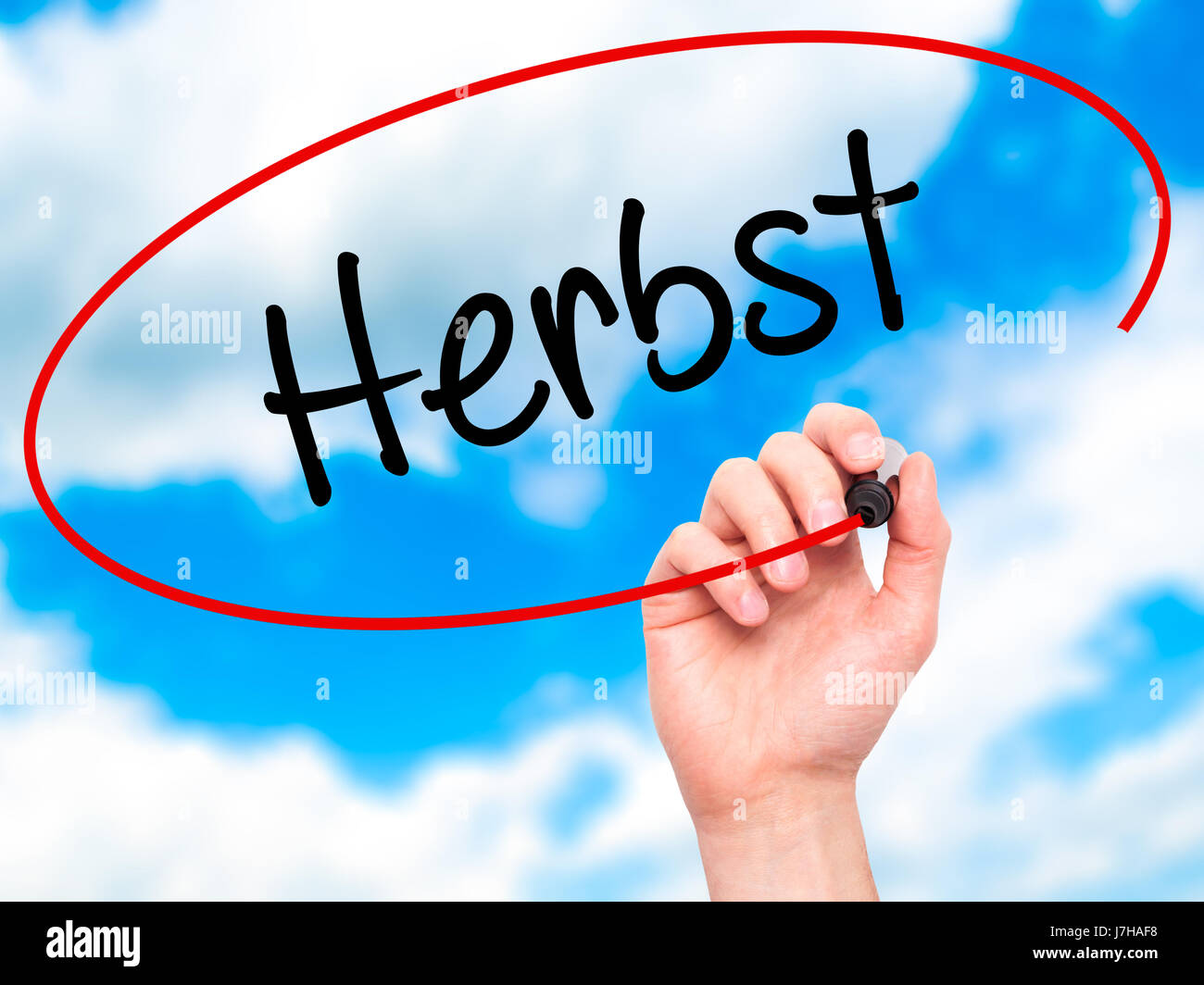 Man Hand writing Herbst (Autumn in German) with black marker on visual ...