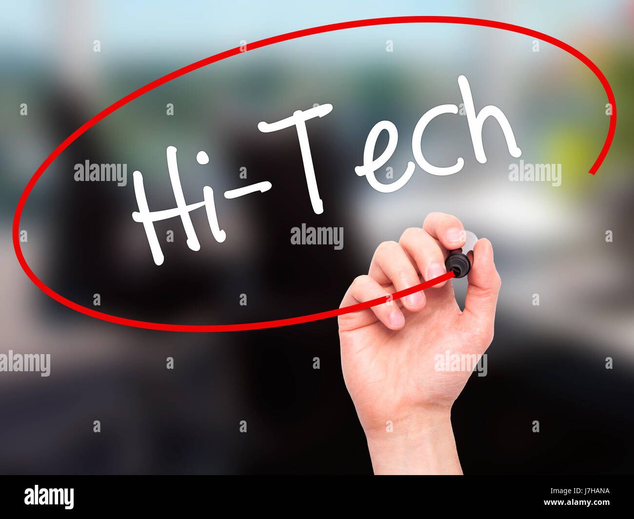 Man Hand writing Hi-Tech with black marker on visual screen. Isolated ...