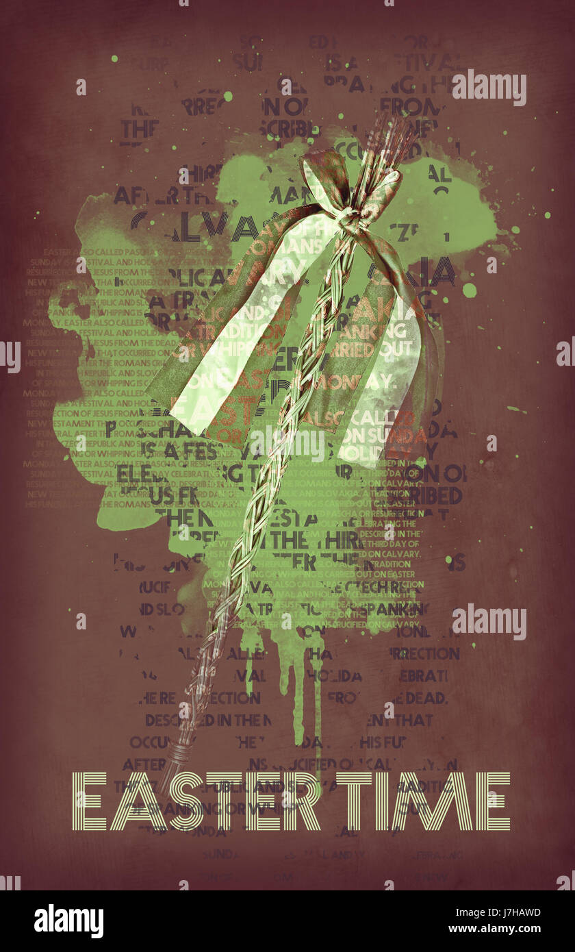 Easter whip. Symbol of springtime. Easter holiday. Text in photo. Red ...