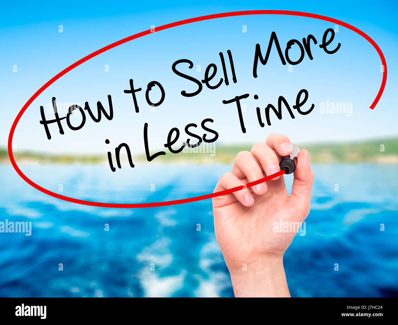 Man Hand writing How to Sell More in Less Time with black marker on ...