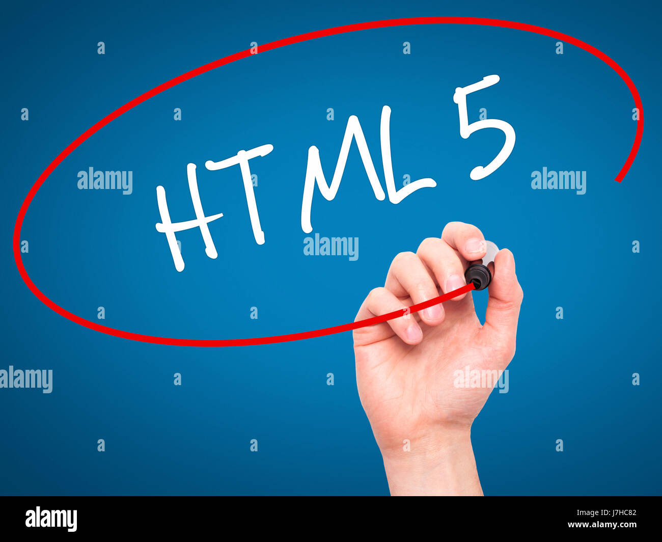 Man Hand writing HTML 5 with black marker on visual screen. Isolated on ...