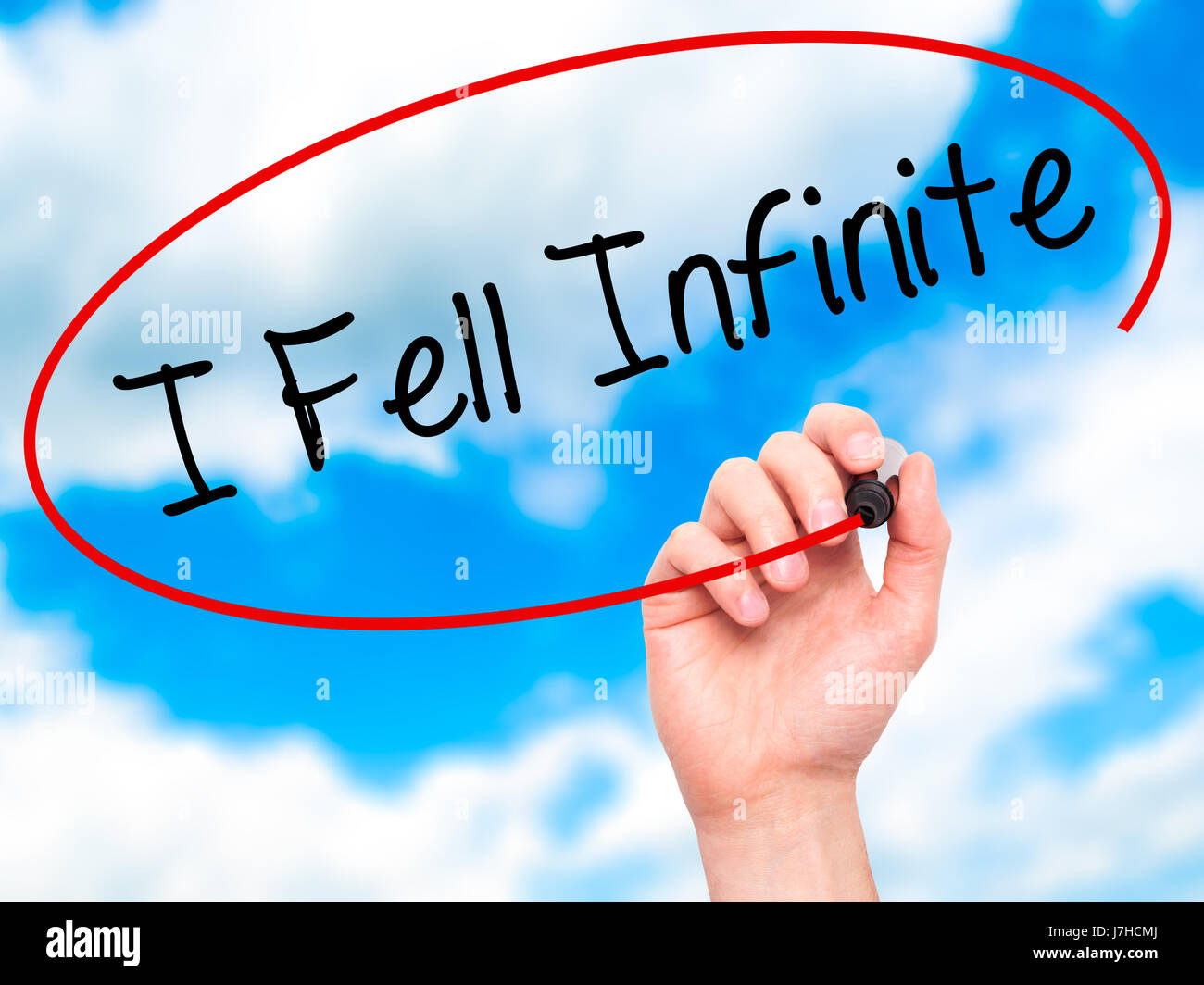 Man Hand writing I Fell Infinite with black marker on visual screen ...