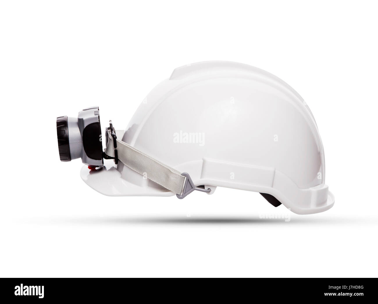 side view of white mining safety helmet with light lamp isolated ...
