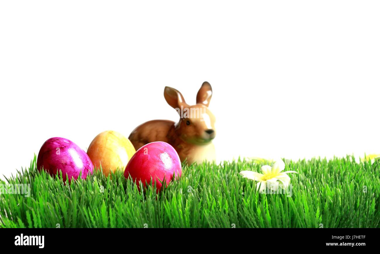 green grass with easter eggs and bunny Stock Photo - Alamy