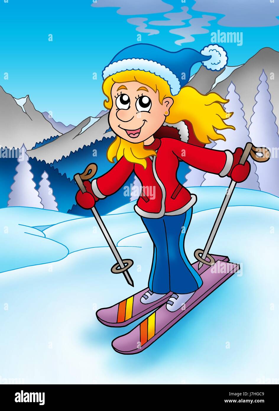 Cartoon of woman skiing hi-res stock photography and images - Alamy