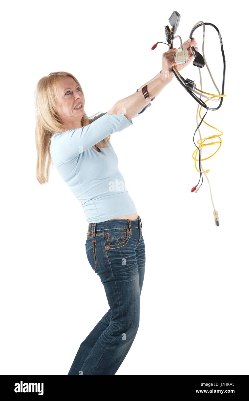 woman with tangled cables Stock Photo - Alamy