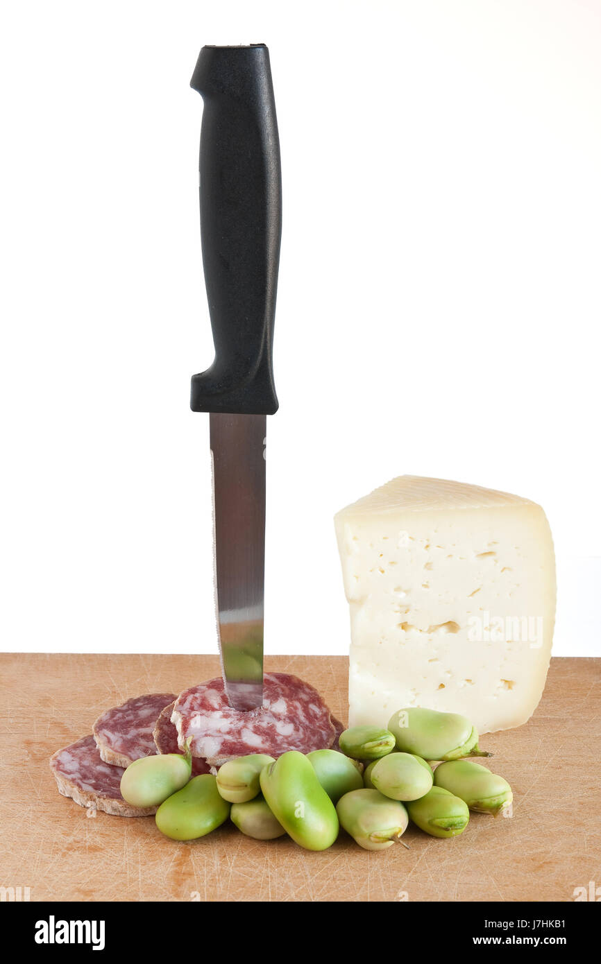 food aliment isolated beans cheese salami white arm weapon knive knife ...