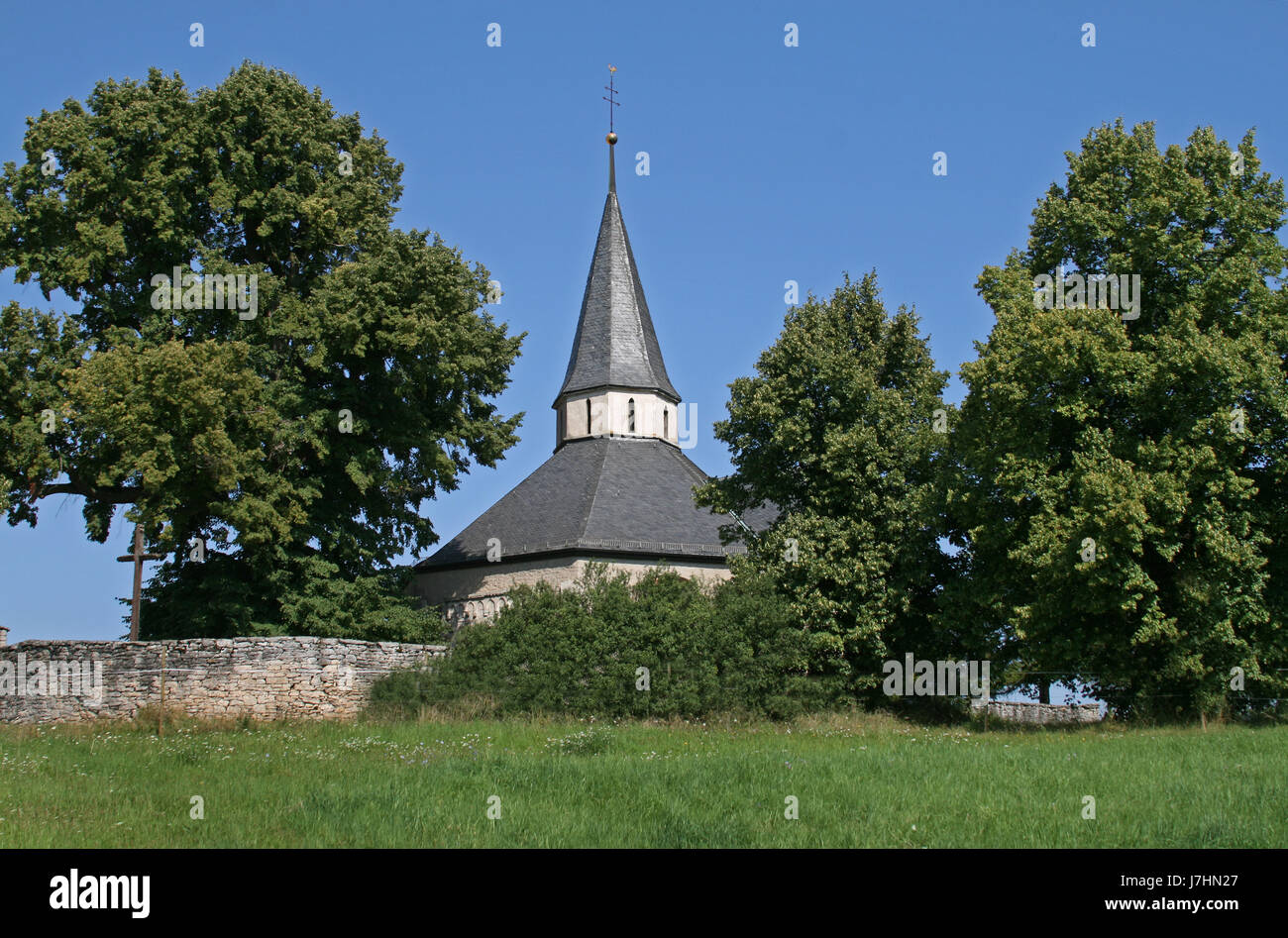 tower church steeple small town germany german federal republic meadow ...