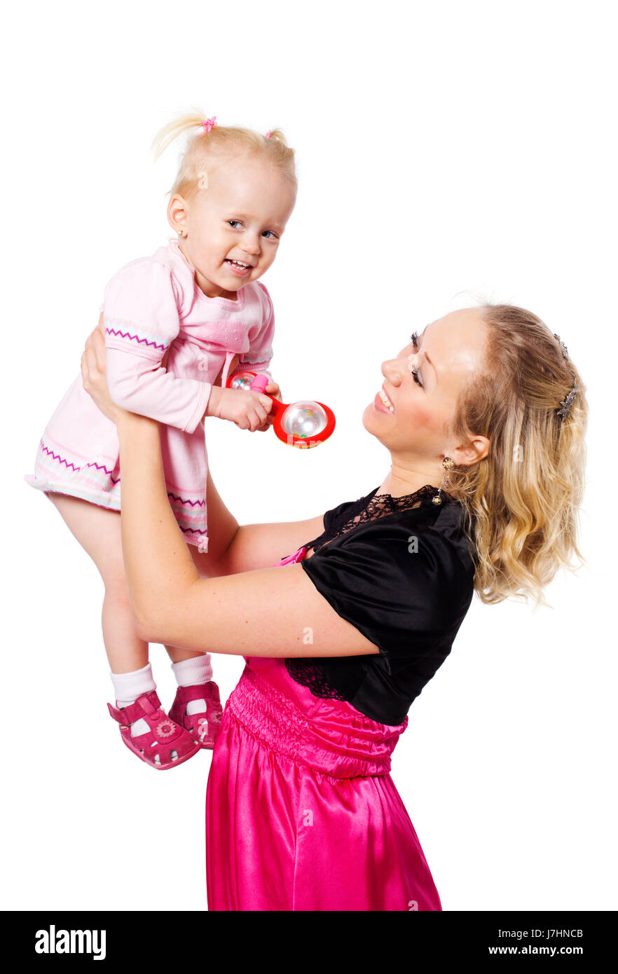 Happy mother holding daughter laughing isolated on white Stock Photo ...