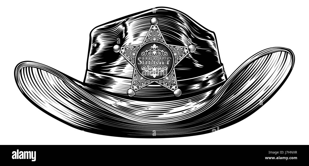 Cowboy sheriff hat with star badge drawing in a vintage retro woodcut ...