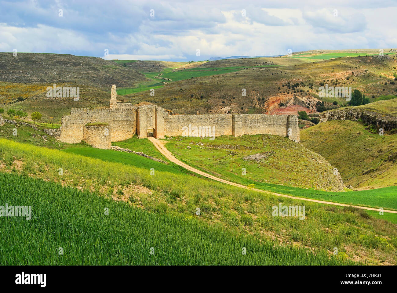 spain fortress chateau castle tower city town stone cloud field europe ...