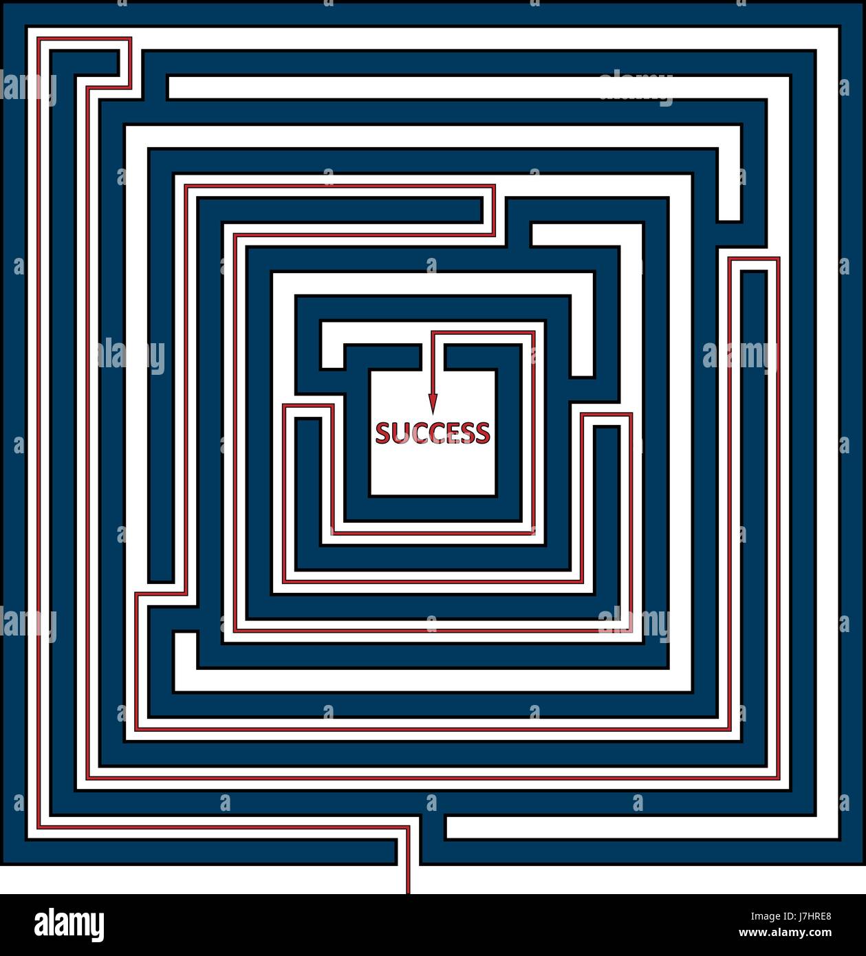 Vector illustration of square maze with the solution as a red line to success. Rectangle ...