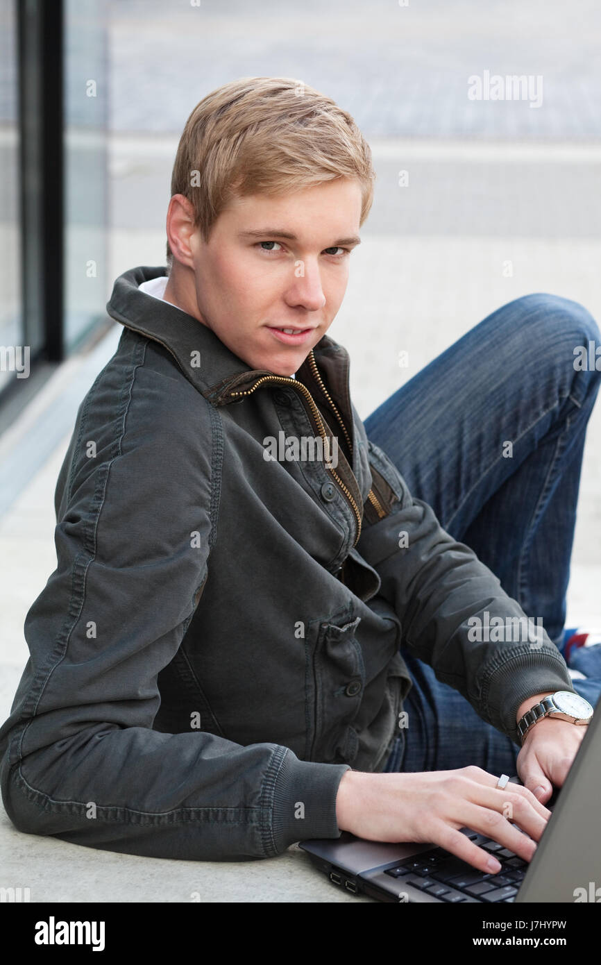 guy laptop notebook computers computer PC male masculine person relaxed ...