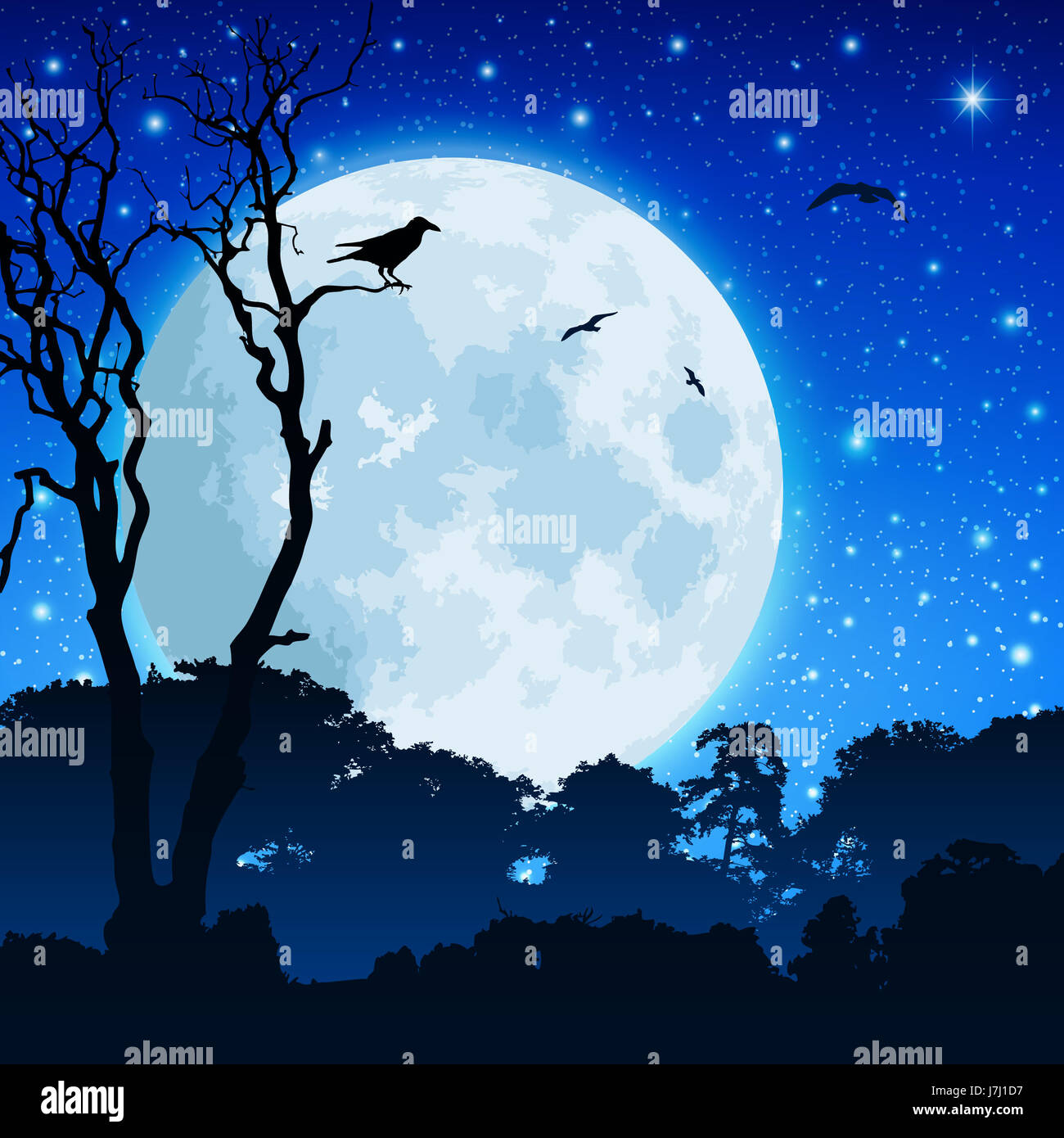 night nighttime moon scenery countryside nature blue tree trees space cosmos Stock Photo - Alamy