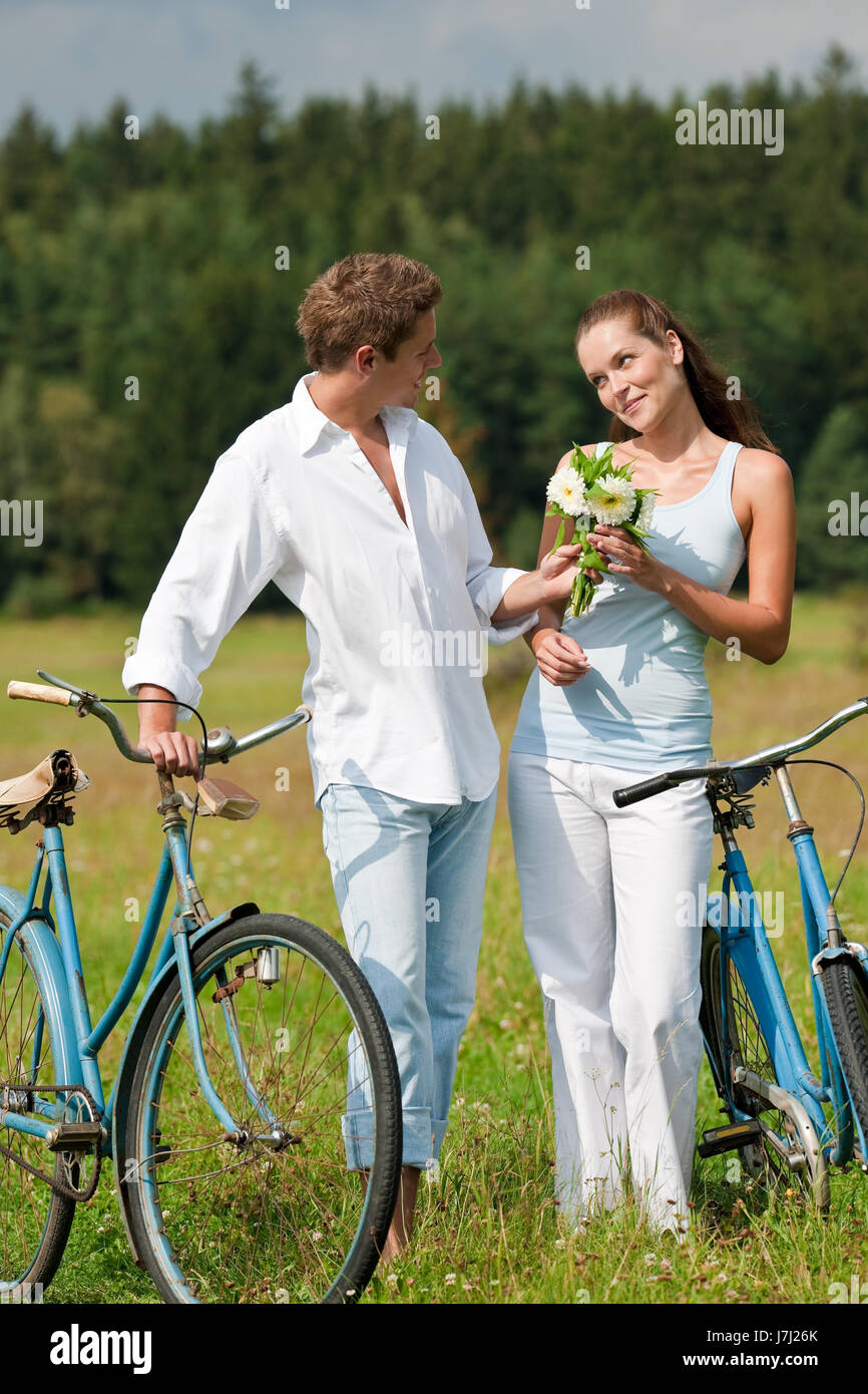 woman romantic romance couple pair outdoors man nature woman humans ...