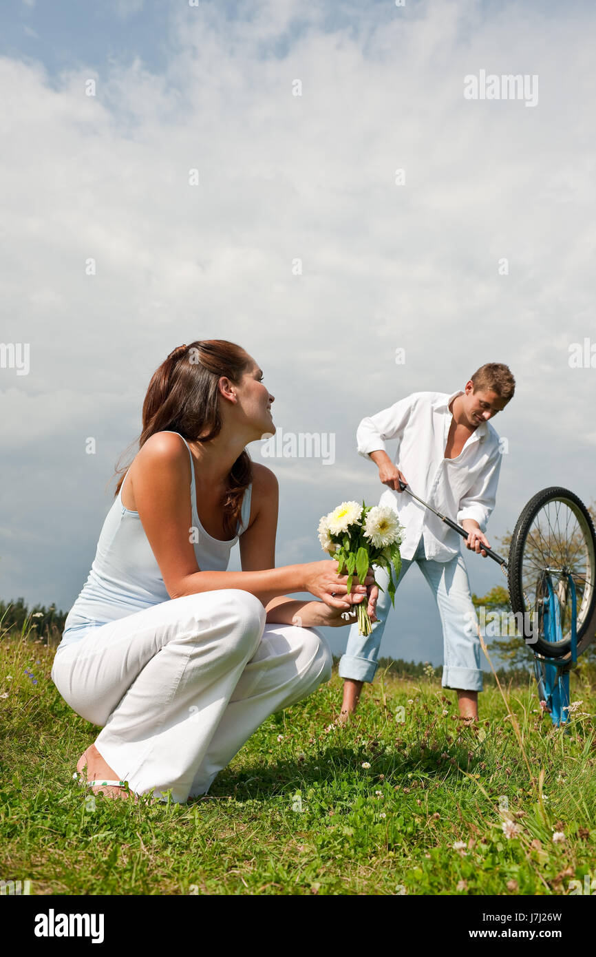 woman romantic romance couple pair outdoors man nature woman humans ...