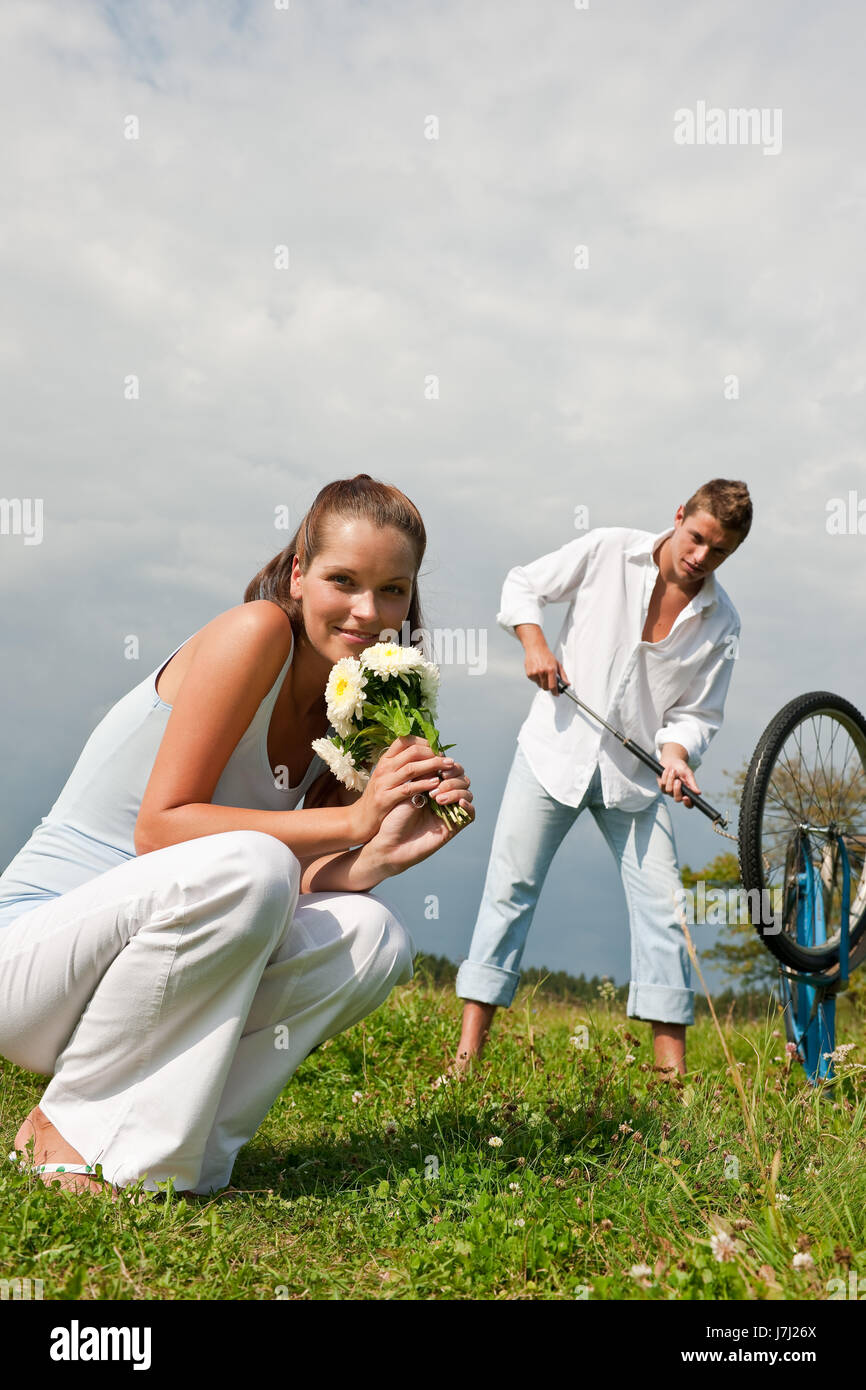 woman romantic romance couple pair outdoors man nature woman humans ...