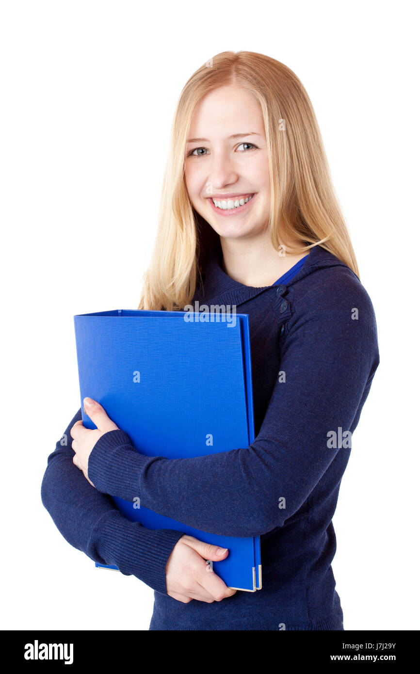 young successful woman with file folder laughing happily in camera ...