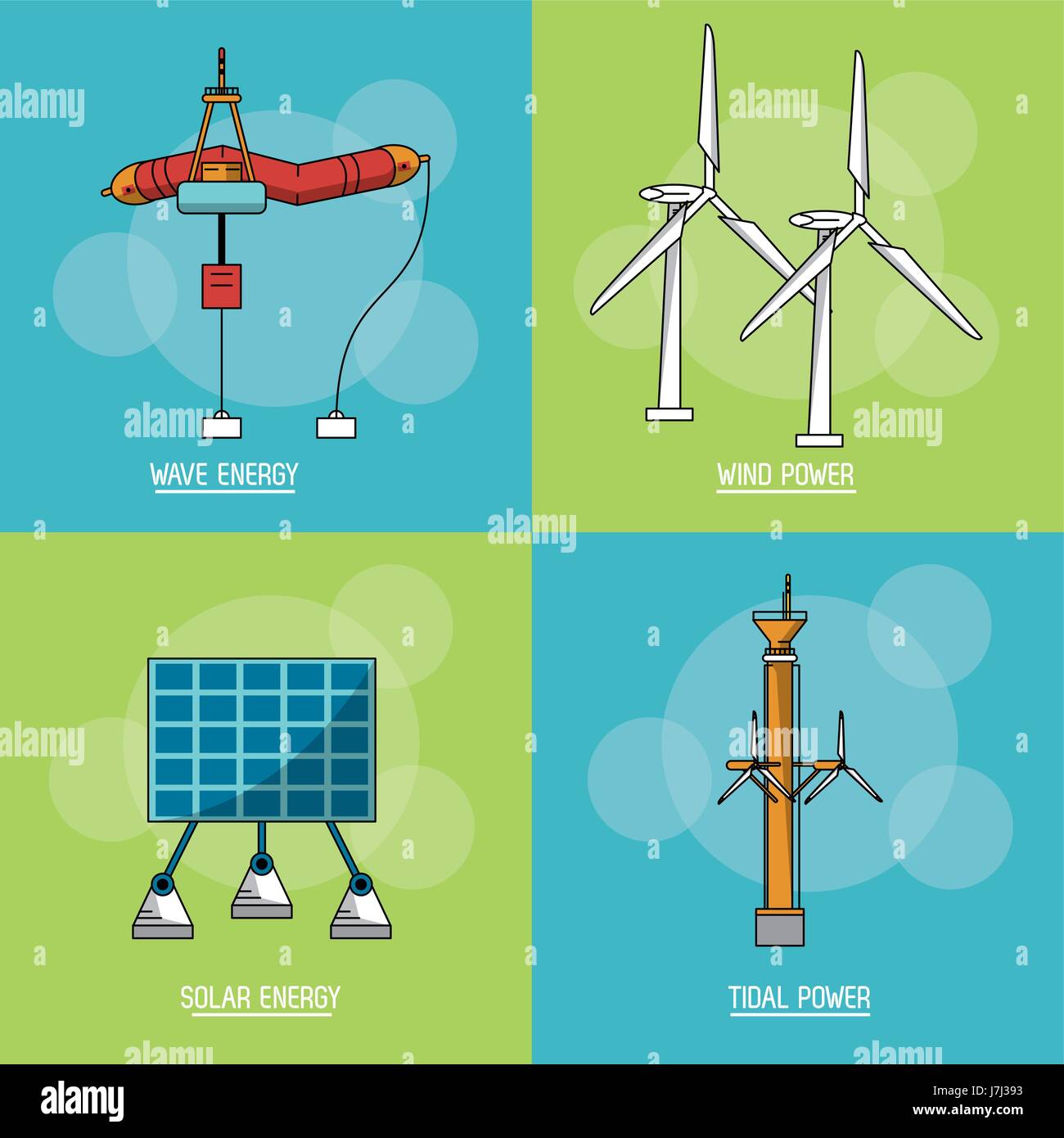multicolored square background with type of renewable energy Stock ...