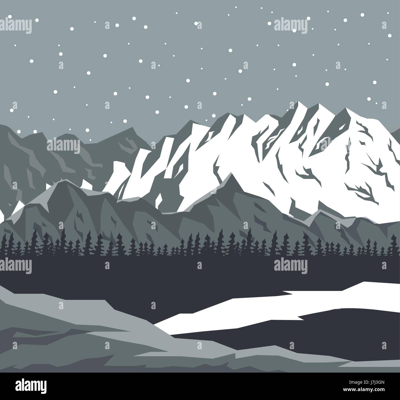 monochrome scene landscape background of far snowy mountains and lake ...