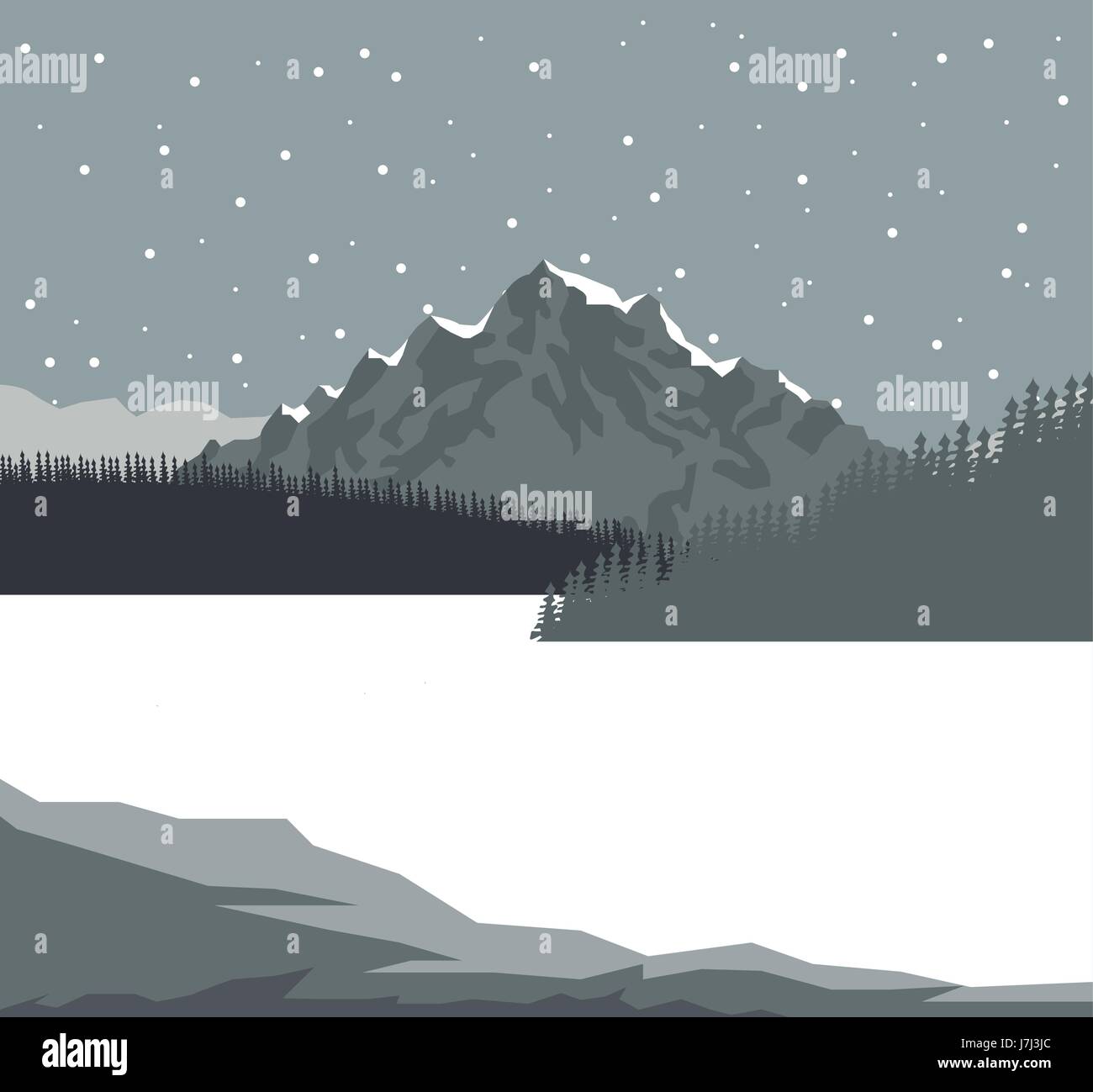 monochrome scene landscape background of mountains and snowy lake with ...