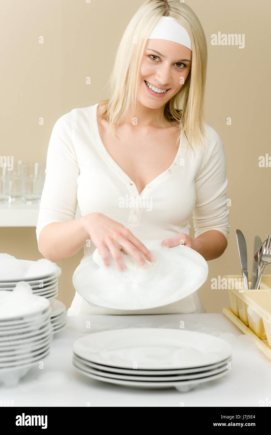 woman modern modernity kitchen cuisine wash washing maid dishes home ...