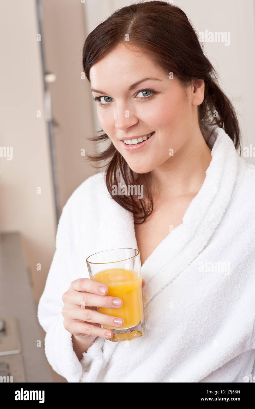 woman modern modernity kitchen cuisine bathrobe young younger food ...