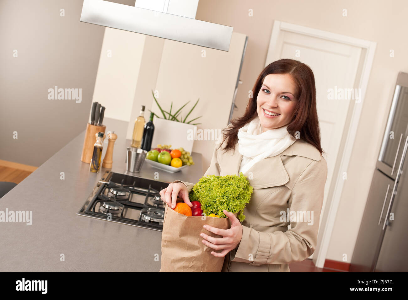 woman modern modernity kitchen cuisine bathrobe young younger food ...