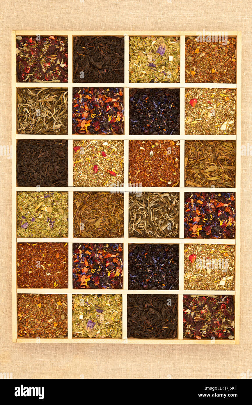 tea leaves box boxes mix variation foliage tea relaxation closeup brown ...