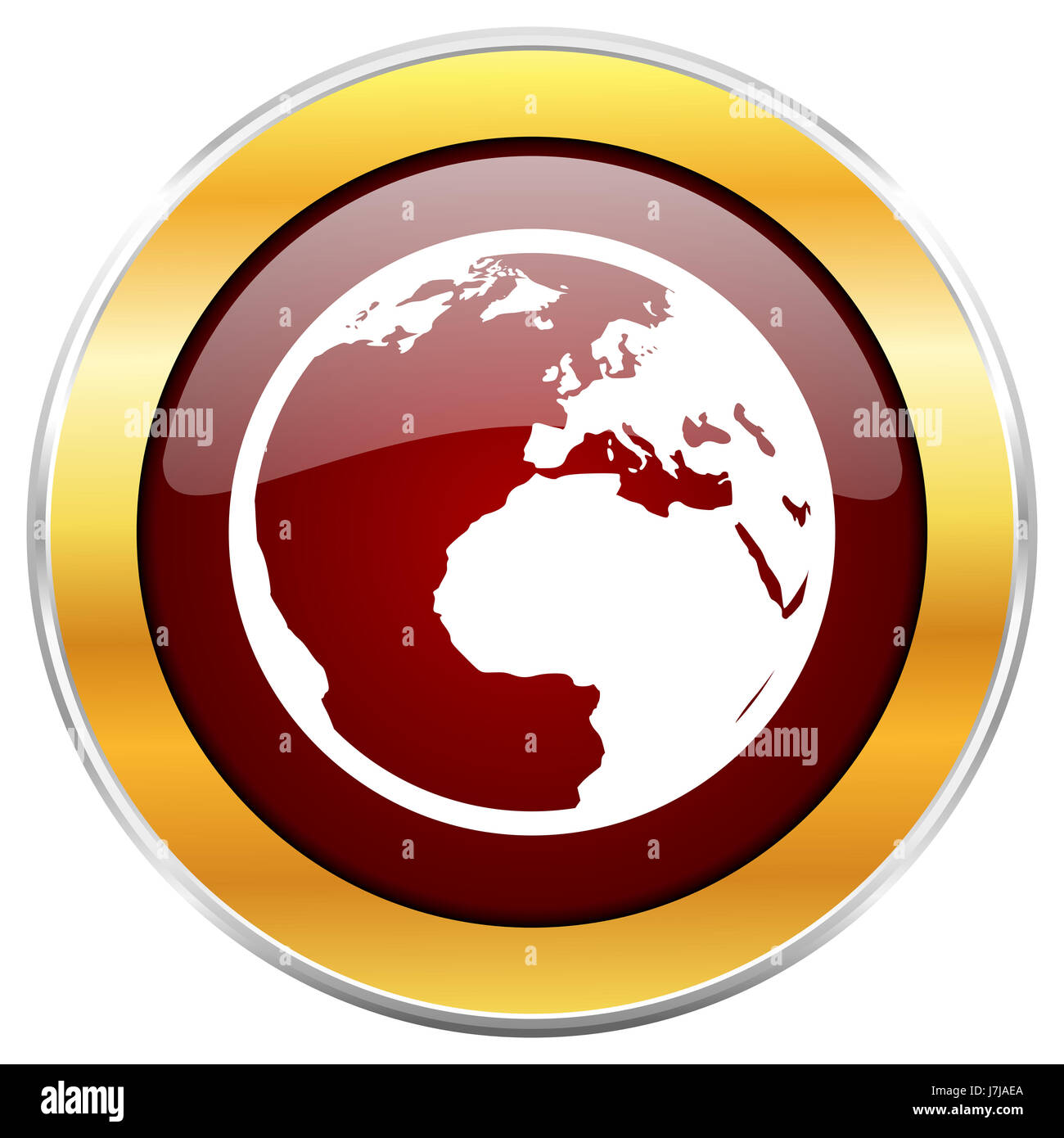 Earth red web icon with golden border isolated on white background ...