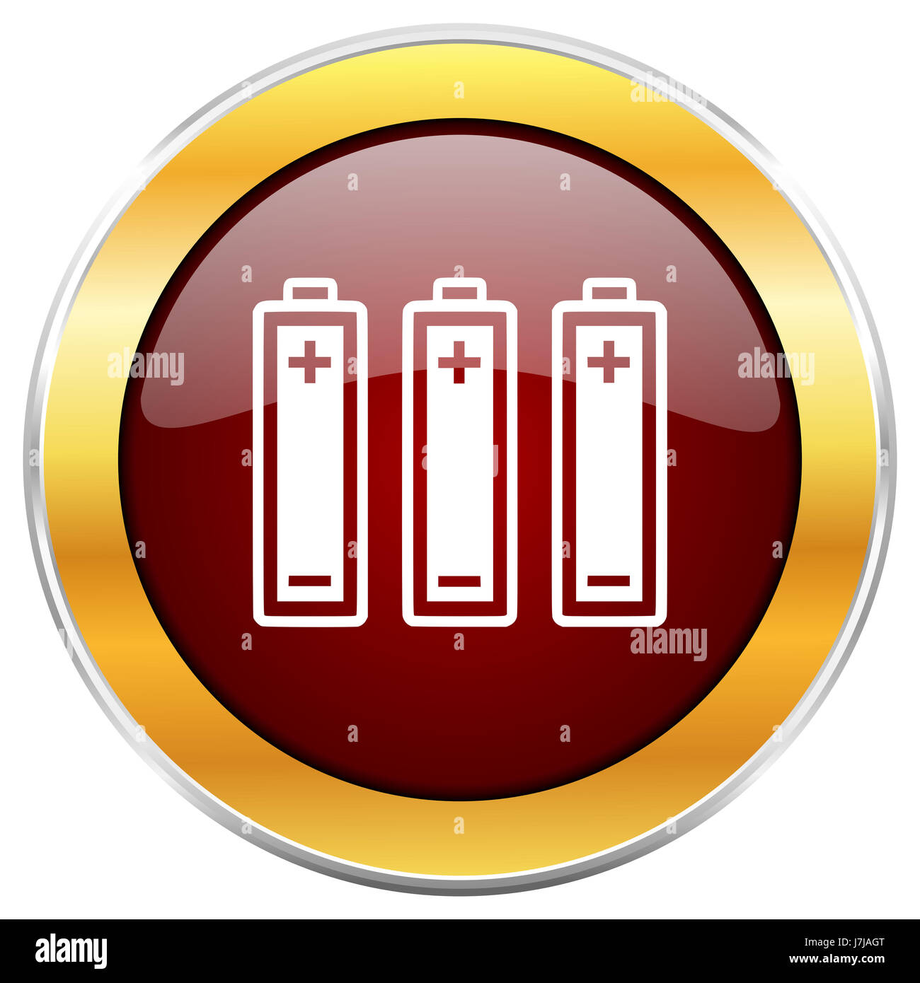 Battery red web icon with golden border isolated on white background ...