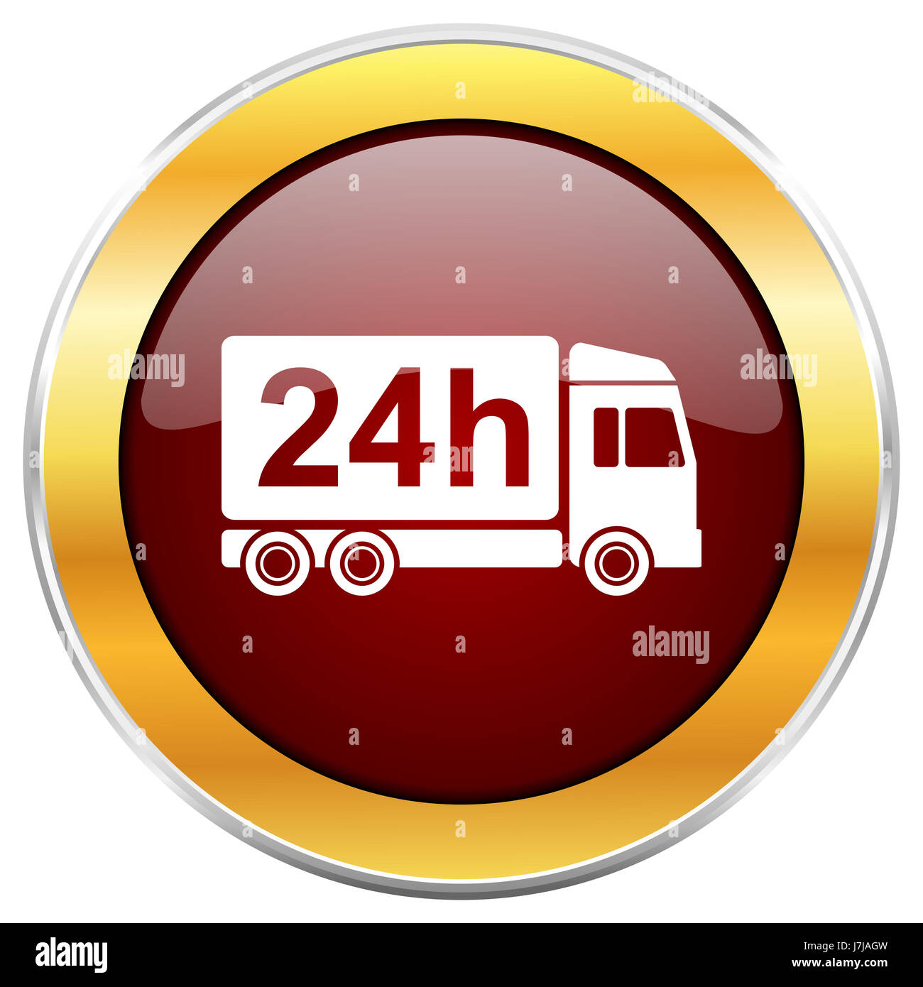 Delivery red web icon with golden border isolated on white background ...