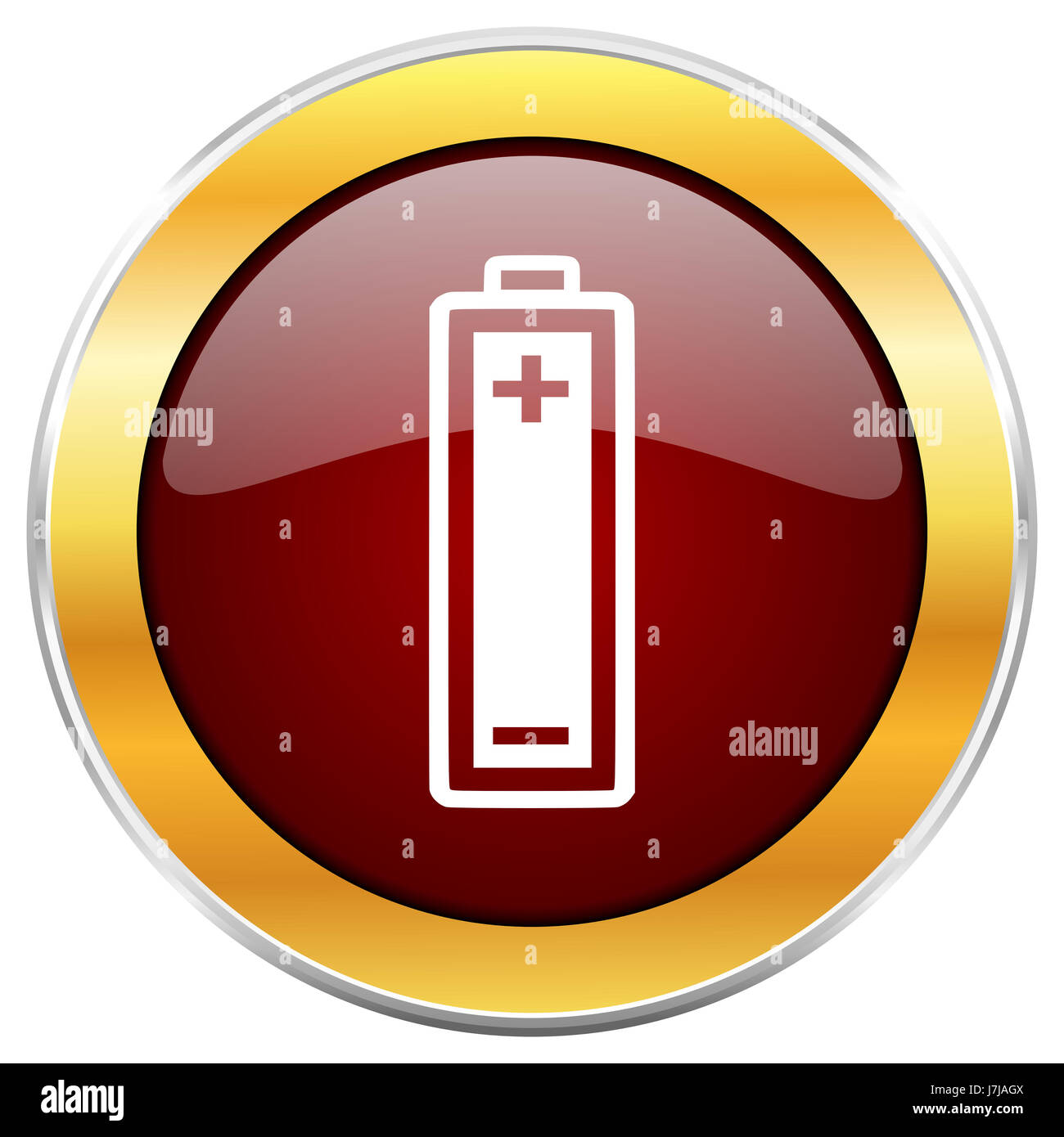 Battery red web icon with golden border isolated on white background ...